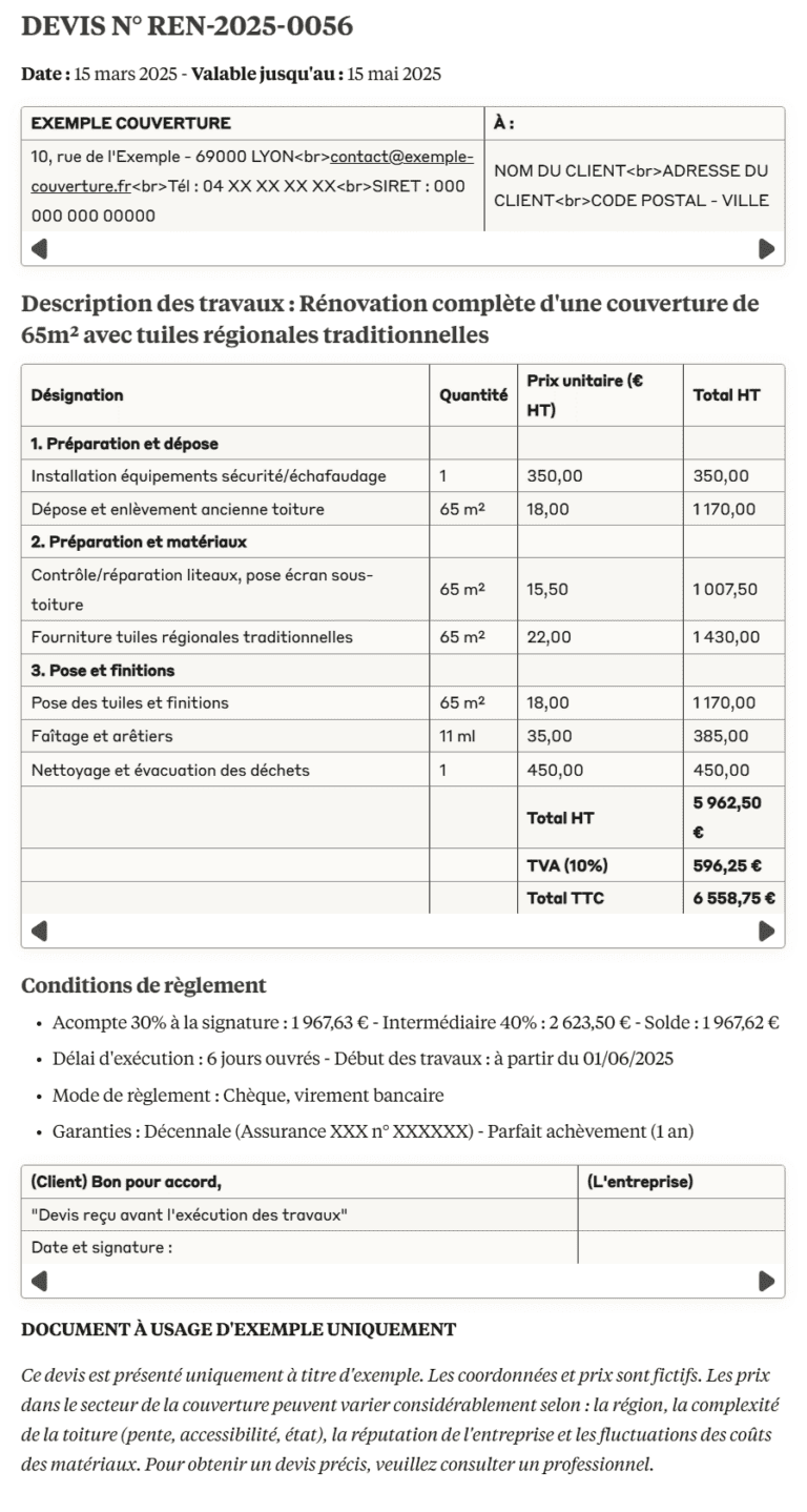 Devis Toiture 2026 : Exemples et Prix Couvreur au m²